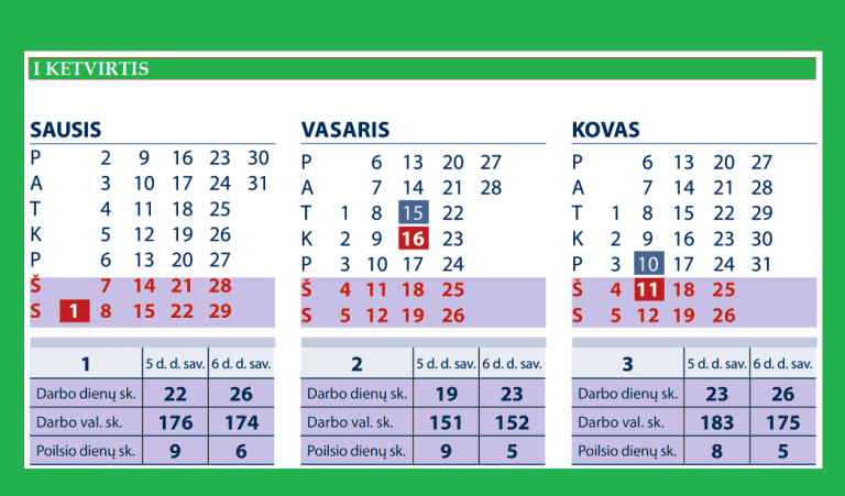 Darbo dienų kalendorius 2023 - Darbo dienų šventinės ir poilsio dienos.