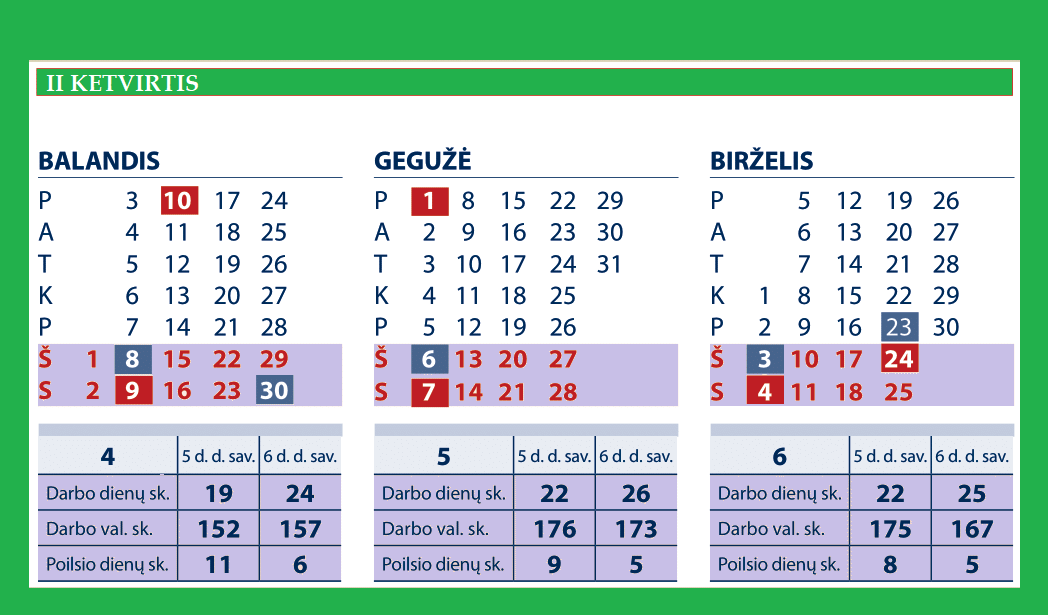 Darbo dienų kalendorius 2023 - Darbo dienų šventinės ir poilsio dienos.